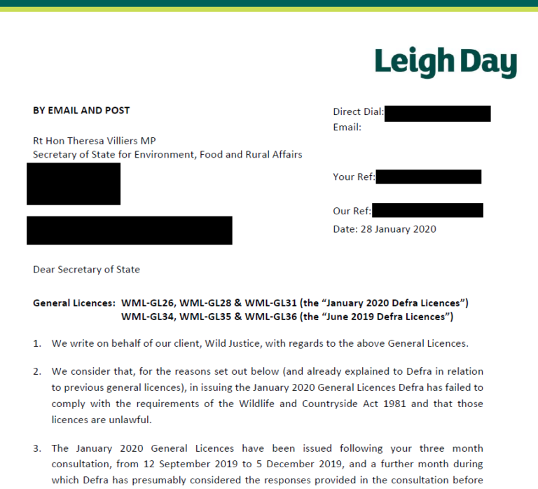 Letter to DEFRA on general licences – Wild Justice