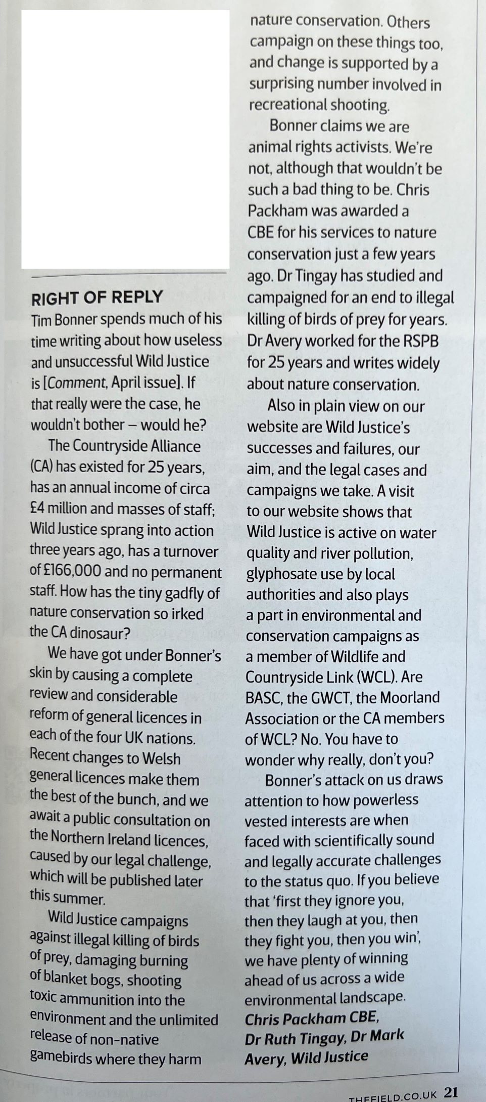 Our 'right of reply' letter in The Field magazine - Wild Justice
